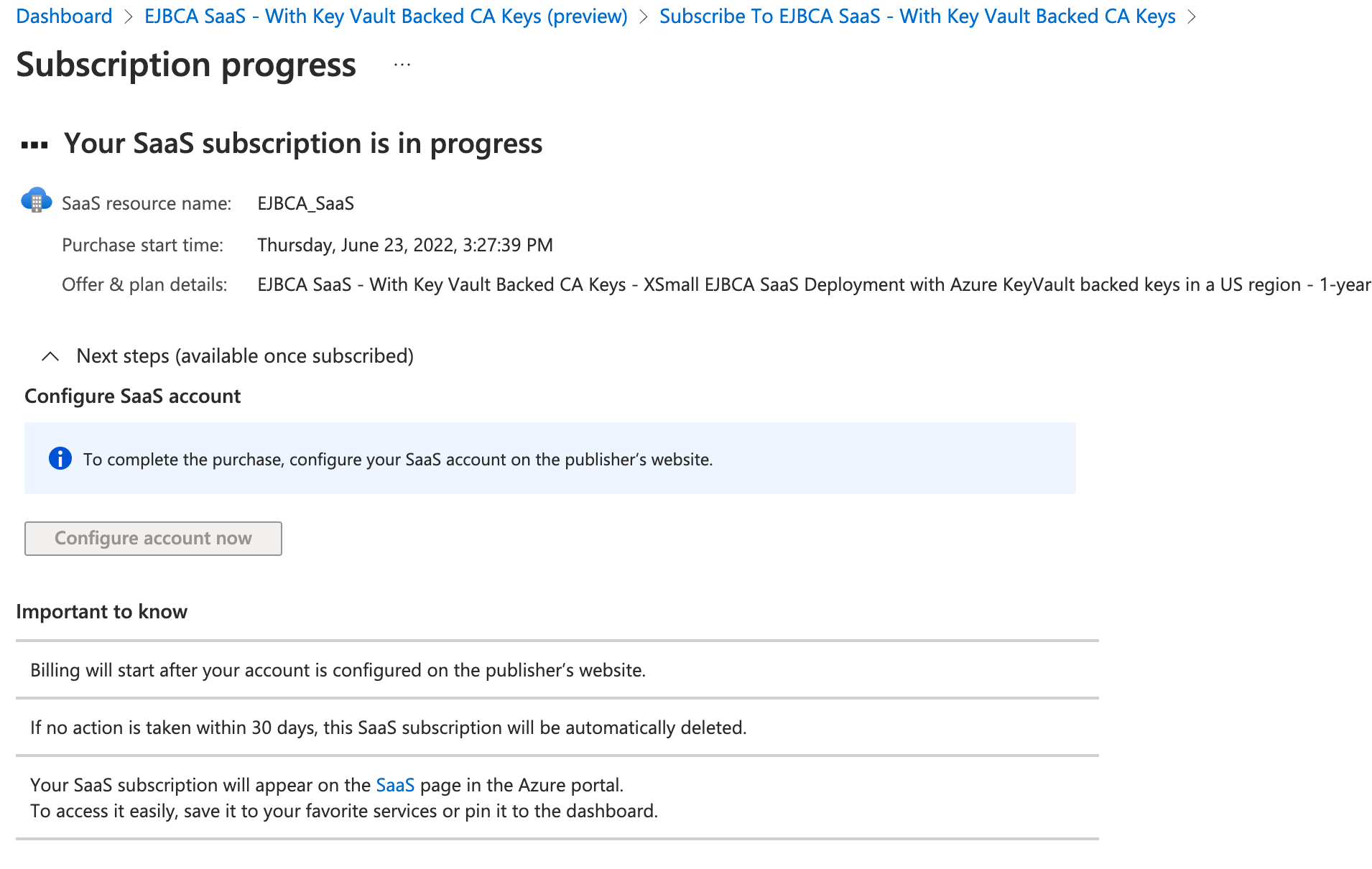 Subscribe to EJBCA SaaS in the Azure Marketplace