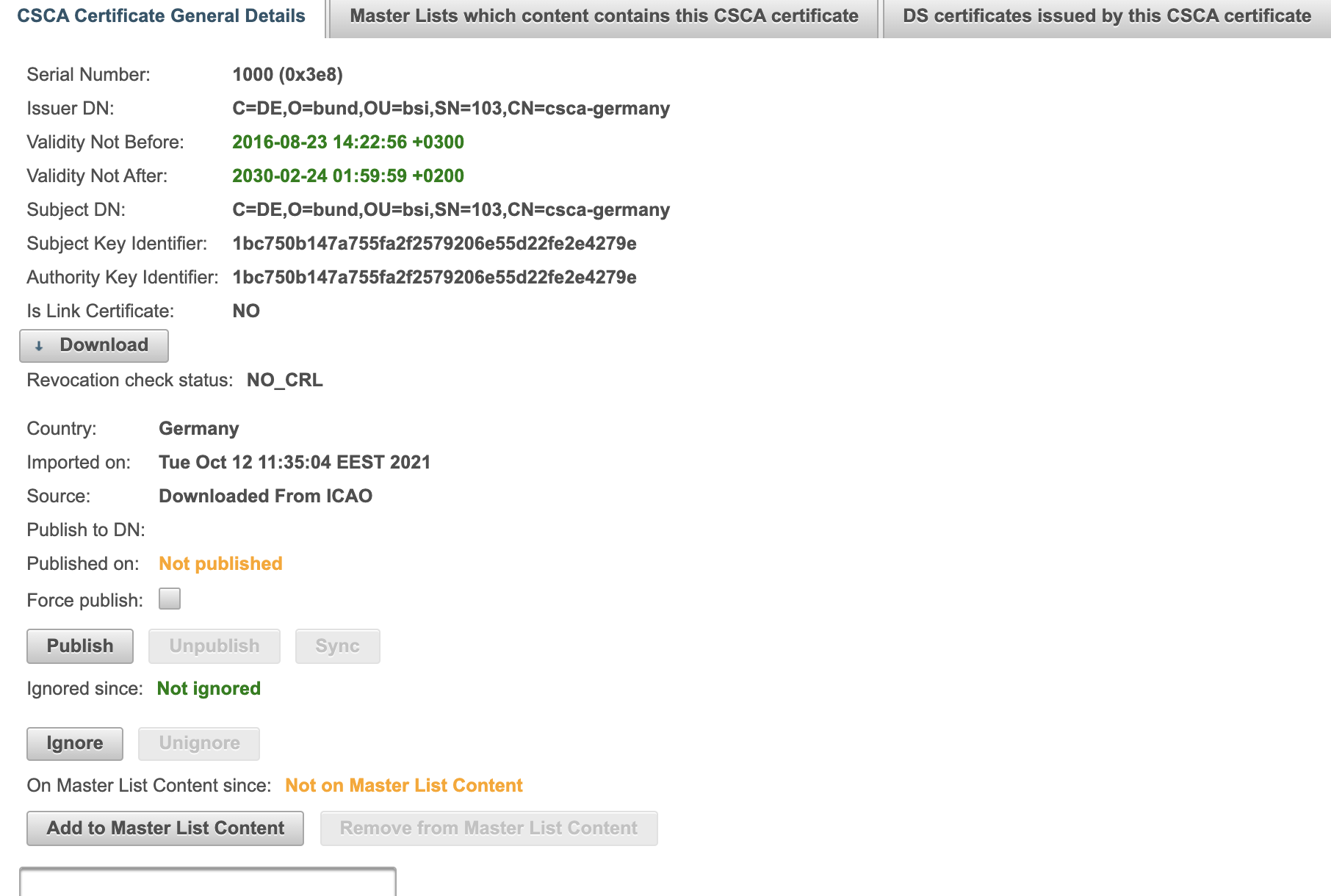 CSCA Certificate Details